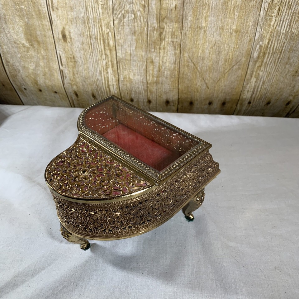 Vtg Gold Metal Filigree Piano Music Jewelry Box Clear Beveled Glass ...
