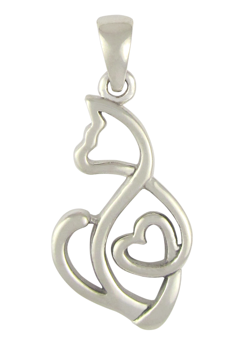 Sterling Silver Cat Love Heart Pendant - Feline Shape Necklace Jewelry ...