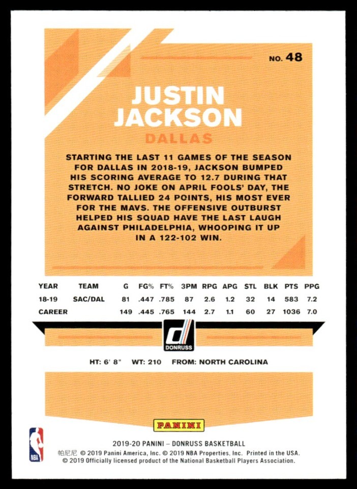 2019-20 Donruss Justin Jackson Dallas Mavericks #48 | eBay