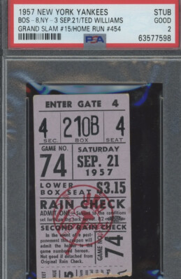 1957 Ticket Ted Williams 4 HR In 4 AB/On Base 16 X Row/GS HR #15/36 YR ...