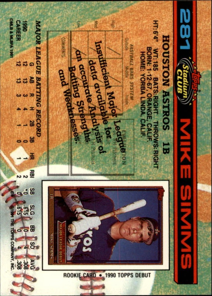 1991 Stadium Club Baseball Card #281 Mike Simms Rookie | eBay