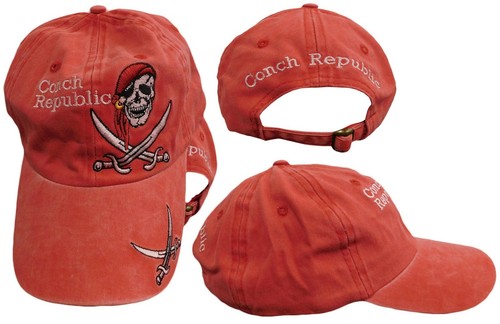 Jolly Roger Pirate Conch Republic Red Washed Embroidered Baseball Hat ...
