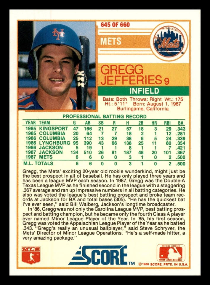 Gregg Jefferies RC 1988 Score #645 Rookie New York Mets Centered Mint ...