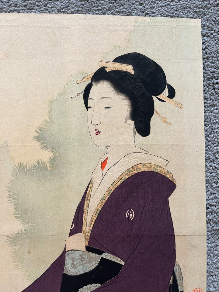 Old Japanese woodblock print of a woman in purple kimono by Keishu | eBay