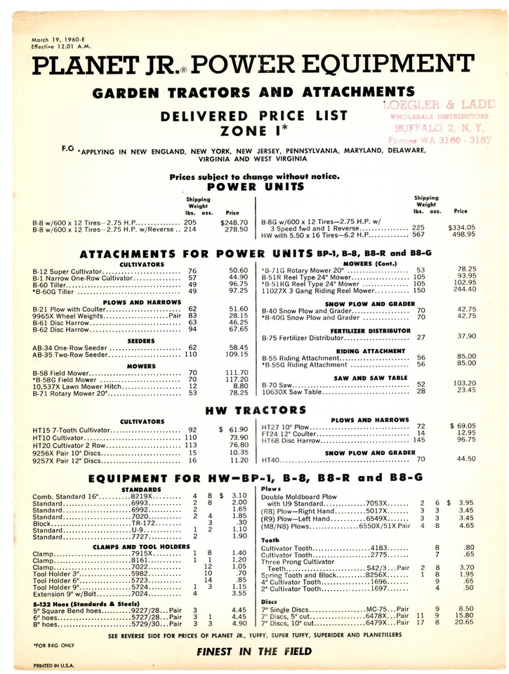 Planet Jr Planetillers Power Unit Hand Tool 1959 catalog/price list SL ...