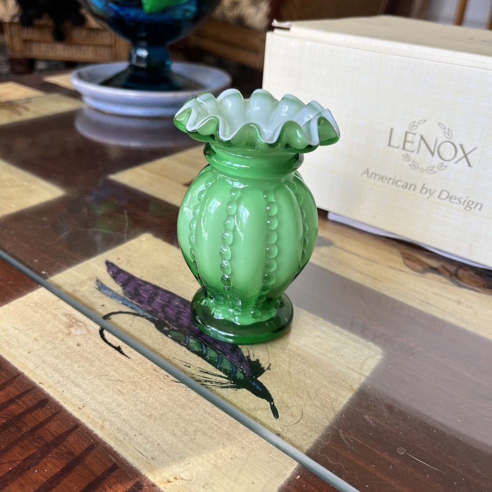 Fenton 4" Mini Beaded Melon Vase Green Overlay Round Ruffled Edge | eBay