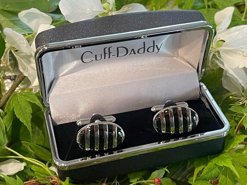 Cuff-Daddy Cufflinks Black Enameled Striped on Silver Tone Oval in Box ...