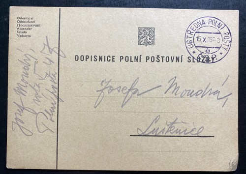 1938 Ustredna Poland Polish Forces Army PO Postcard Cover To Lustenice ...