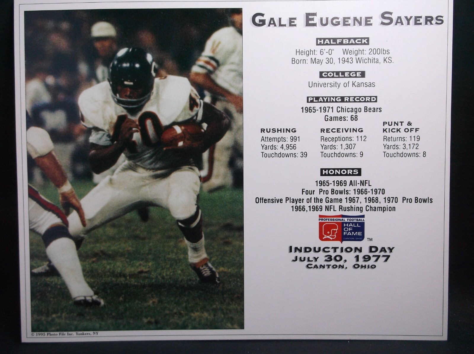GALE SAYERS Induction Day Football Hall of Fame July 30 1977 | eBay
