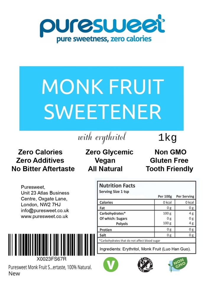 Puresweet Monk Fruit Sweetener 1kg, Zero Calorie, No Bitter Taste-Tooth ...
