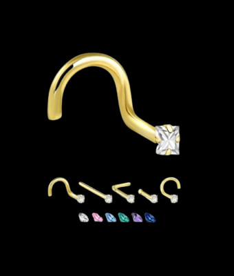 14K, 18K, 24K Yellow Gold Nose Ring,CorkScrew, Stud, Bone. 1.5mm White ...