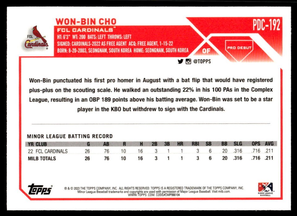 2023 Topps Pro Debut Chrome PDC192 Won-Bin Cho FCL Cardinals | eBay