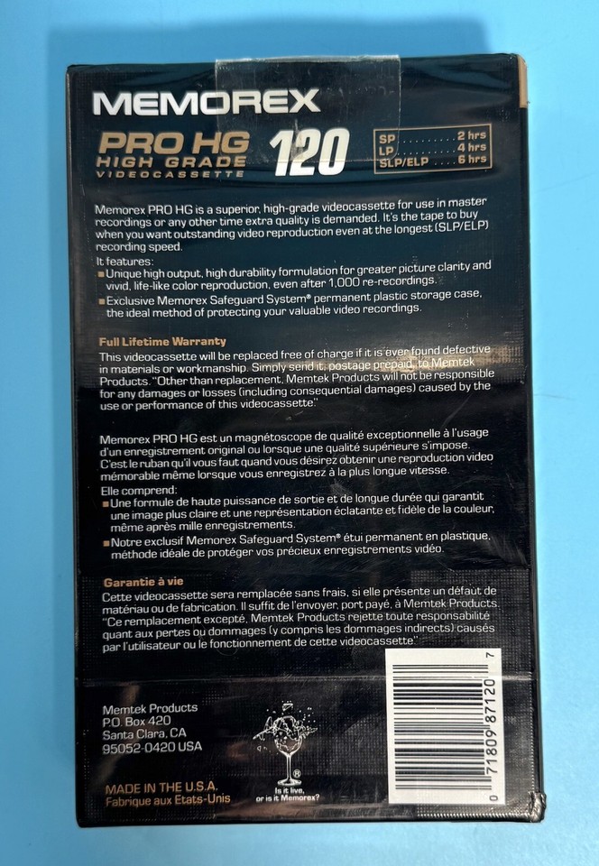 Memorex Pro HG High Grade Videocassette VHS Tape 120 with Dustproof ...