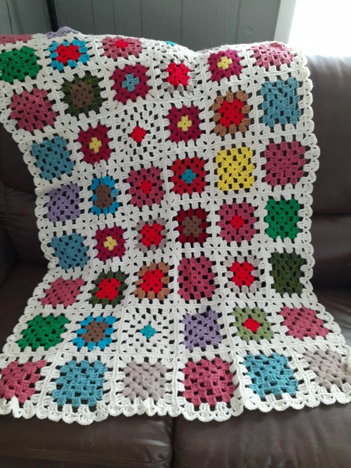Crochet Blanket Handmade Flower Blocks Creme With Various Color Flowers ...