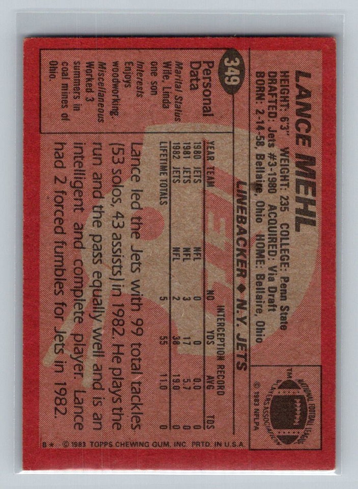 1983 Topps Lance Mehl #349 Football New York Jets Rookie | eBay