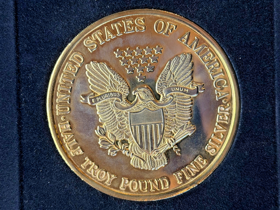 1995 Giant Half Troy Pound .999 Silver Eagle Proof & 24k Gold Gilding ...