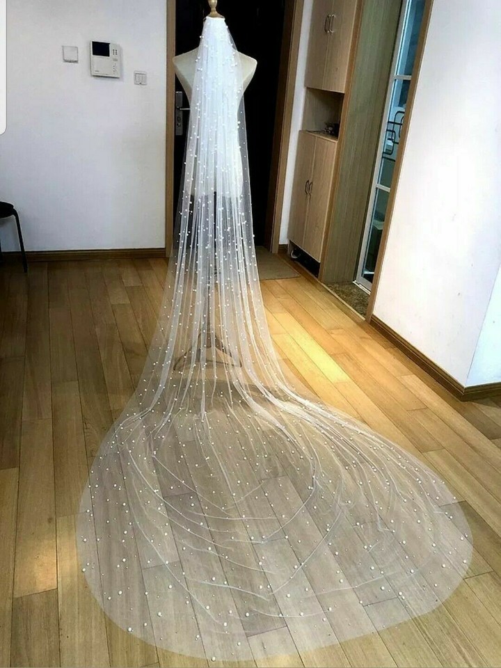 UK 1 Layer Cathedral Length Bridal Veil 3 meters Pearls Wedding Veil ...