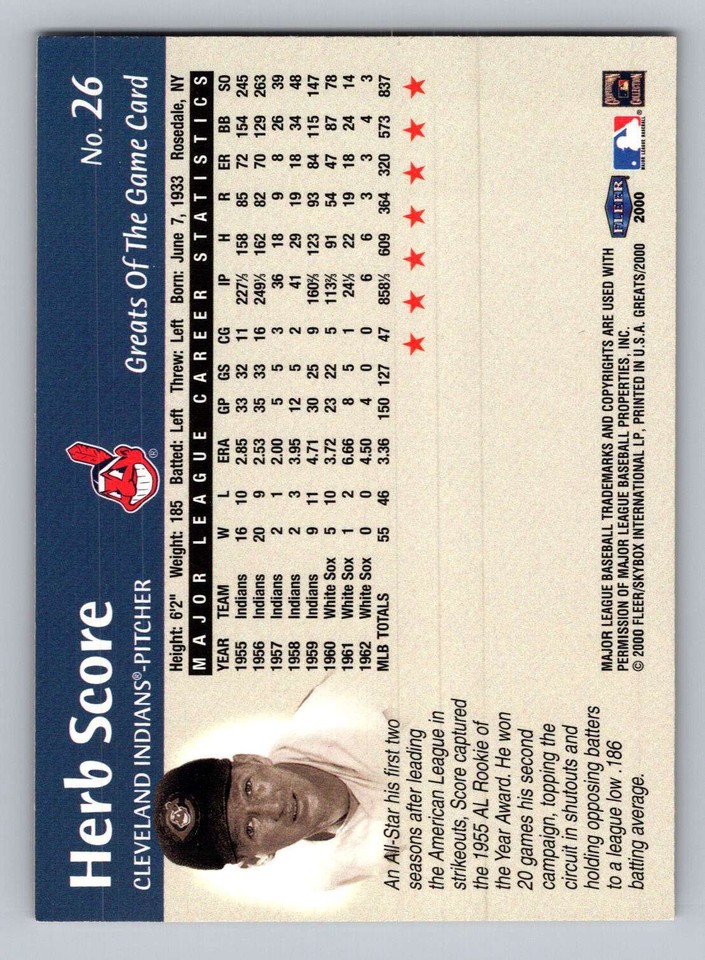 2000 Fleer Greats of the Game #26 Herb Score Guardians | eBay