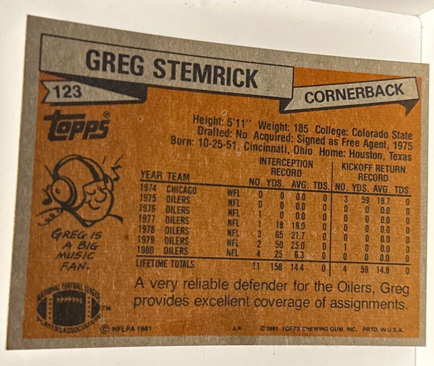 1981 Topps 123 Greg Stemrick Houston Oilers Rookie Football Card ...