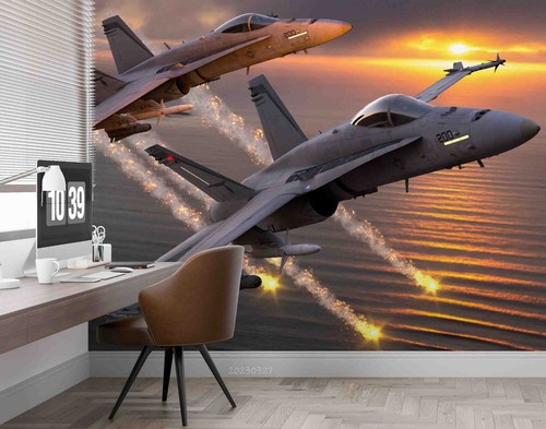3D Fighter Plane Sea Sunset Aircraft Wallpaper Wall Murals Removable ...