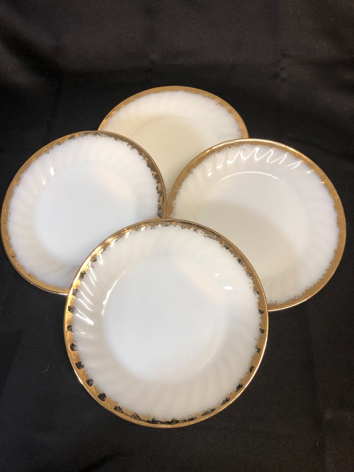 Set of (5) Fire King White Swirl Shell Gold Rim 7-1/2" Salad/Dessert ...