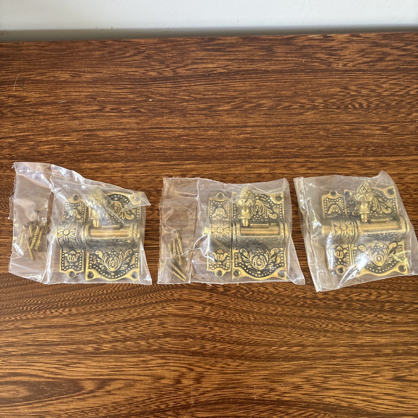 Set Of 3 Polished Brass Slide Latch Antique Ornate Reproduction Pieces ...