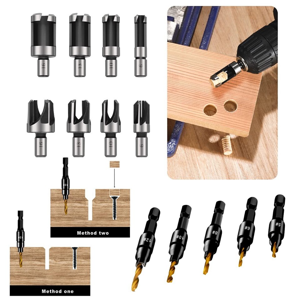 14pcs Countersink Drill Bit Set Kit with Wood Plug Cutter Tool Bits ...