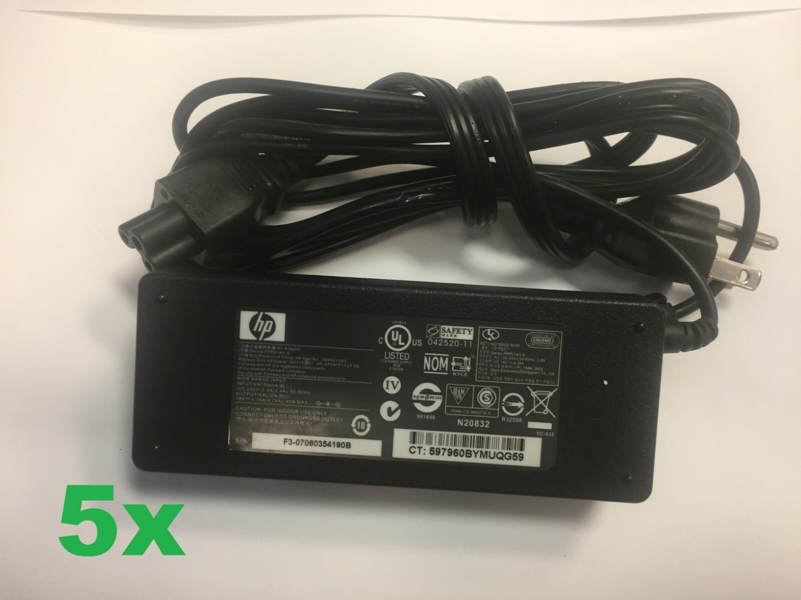Lot of 5 Genuine HP 90W ProBook Laptop Power Adapter Chargers w/ Cables ...