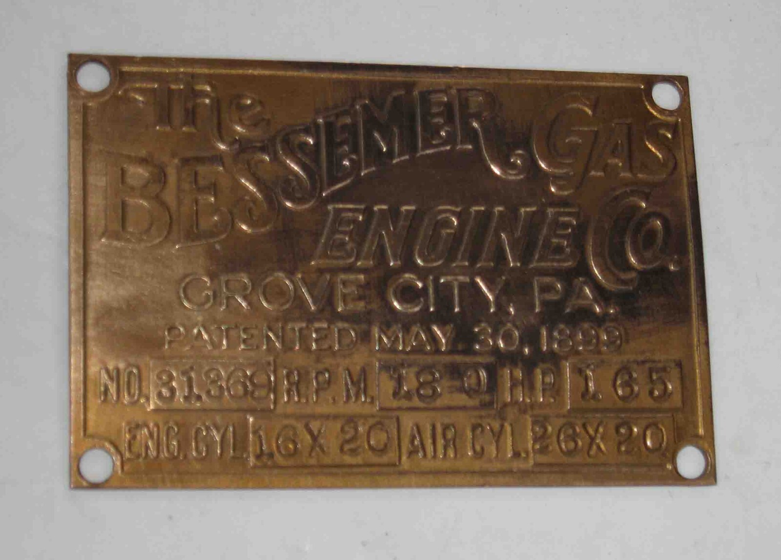 THE BESSEMER GAS ENGINE CO - Grove City PA Builder PLATE/ TAG Hit+Miss ...