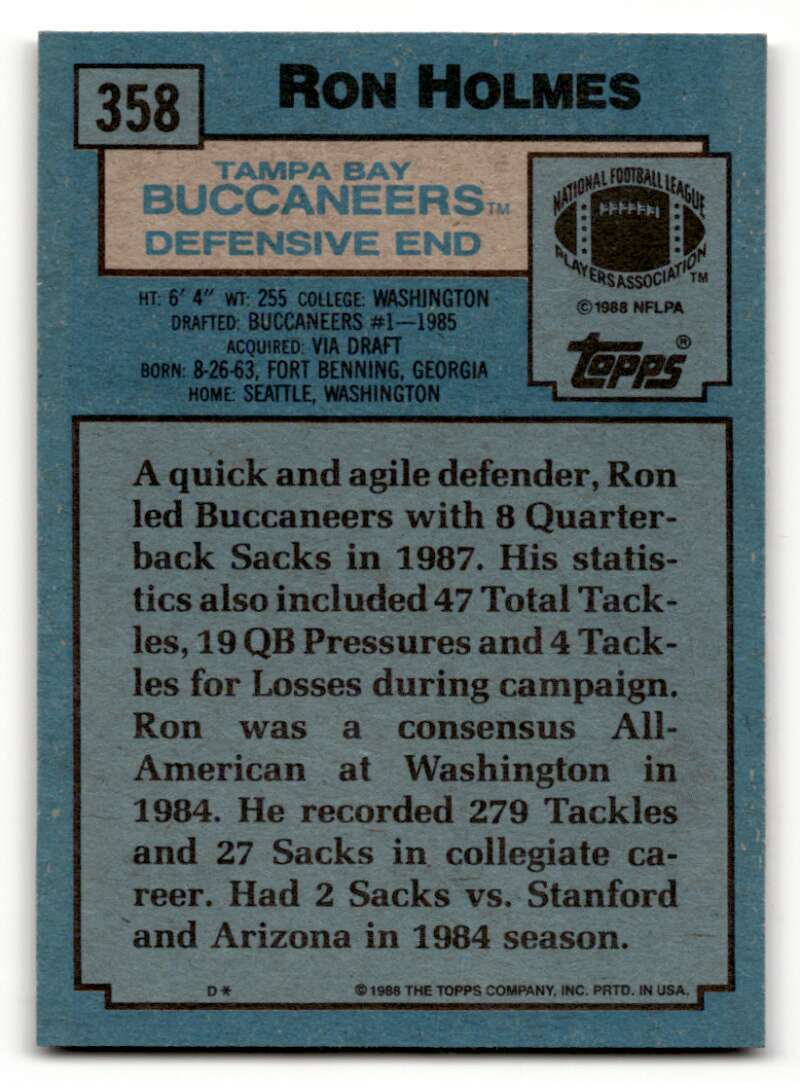 1988 Topps #358 Ron Holmes Tampa Bay Buccaneers Football Cards EX/NM ID ...