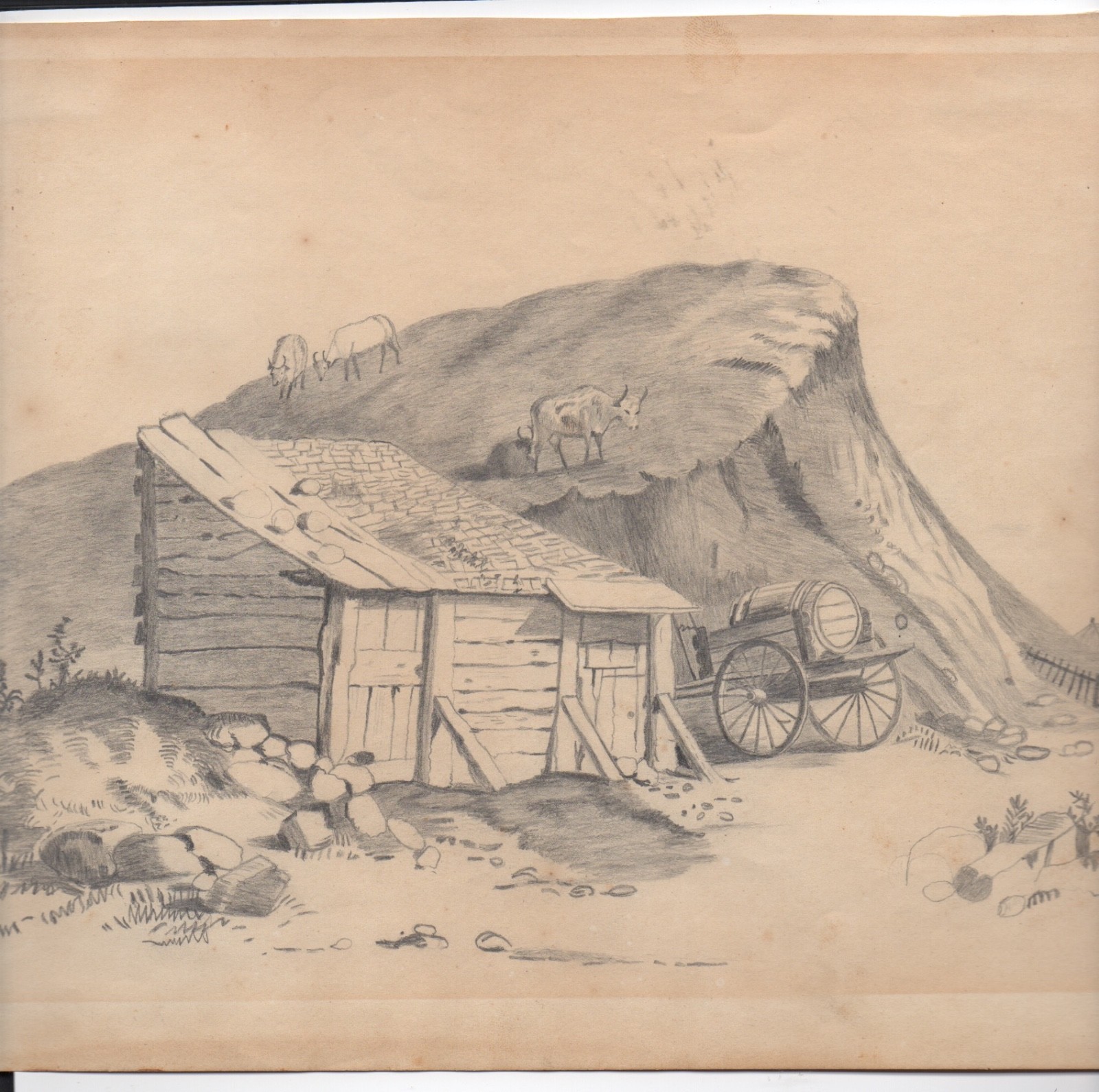 19th Century Pencil Drawing of Shack by Hill with Water Wagon and ...