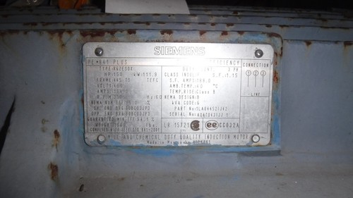 150 HP Siemens Electric Motor, 3600 RPM, 445TS Frame, TEFC, 460 V, 1.15 ...