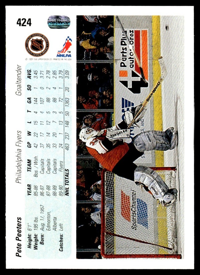 1990-91 Upper Deck Pete Peeters Philadelphia Flyers #424 | eBay