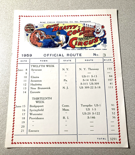 1959 Clyde Beatty-Cole Bros Circus Route Card #3 | eBay