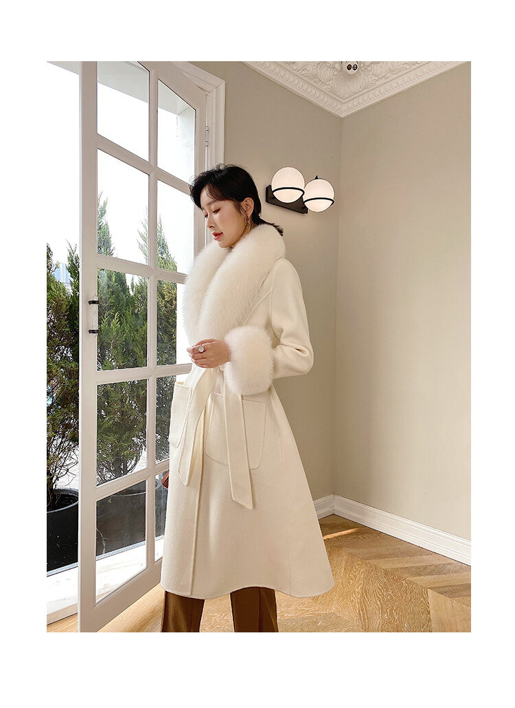 Women's Real Fox Fur Collar Double Sided Cashmere Wool Long Trench Coat ...