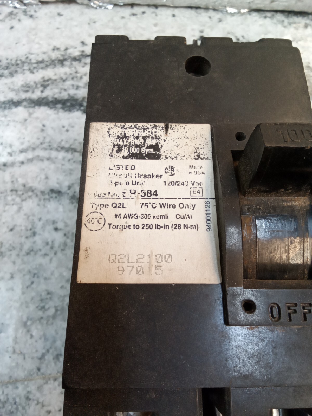 Square D Q2L2100, 100 Amp/ 2 Pole /120/240VA/Circuit Breaker Type Q2L ...