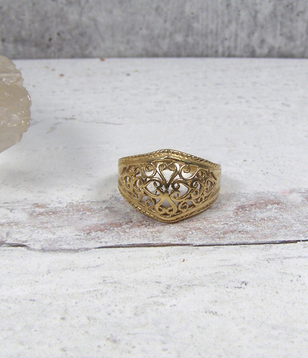 10k Yellow Gold Filigree Heart Scroll Domed Band Ring… - Gem