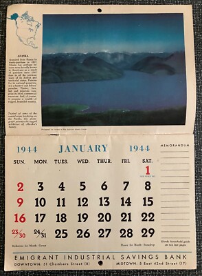 Vintage Original 1944 Calendar Emigrant Savings Bank NYC Great for Prop ...