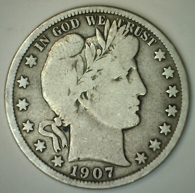1907 D Silver Barber Half Dollar Coin US 50c VG Circulated Fifty Cent ...