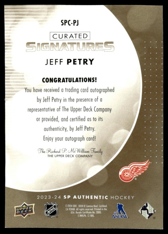 2023-24 SP Authentic Curated Signatures Jeff Petry Auto 076/299 #SPC-PJ ...