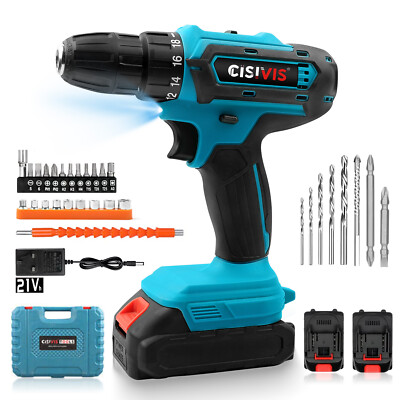 21V Cordless Drill Combi Driver 2 Battery High Power Electric ...