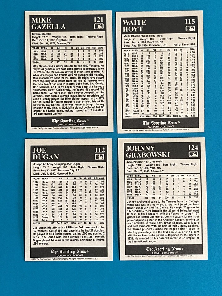 1927 Yankees Baseball Card Lot 1991 Sporting News Dugan Hoyt Gazella ...
