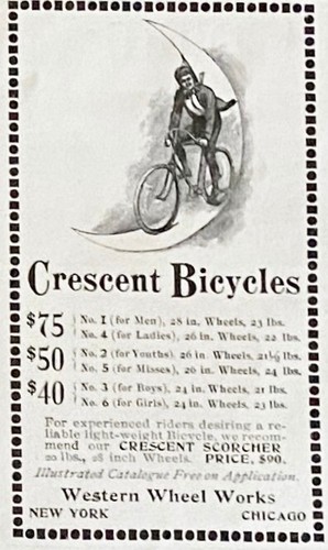 Boy Riding Bike on the Moon! CRESCENT BICYCLES Western Wheel Works 1895 ...