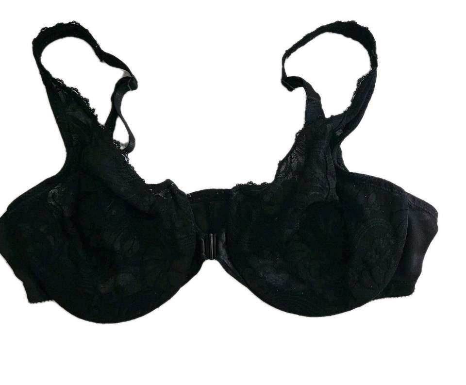 Glamorise Bra 44B Black Semi-Sheer Lace Unlined Underwire FRONT CLASP ...