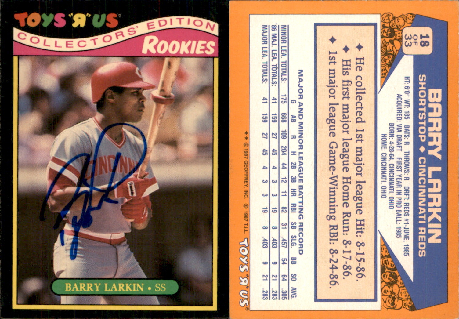 Barry Larkin Signed 1987 Topps Toys "R" Us Rookies #18 RC Card ...