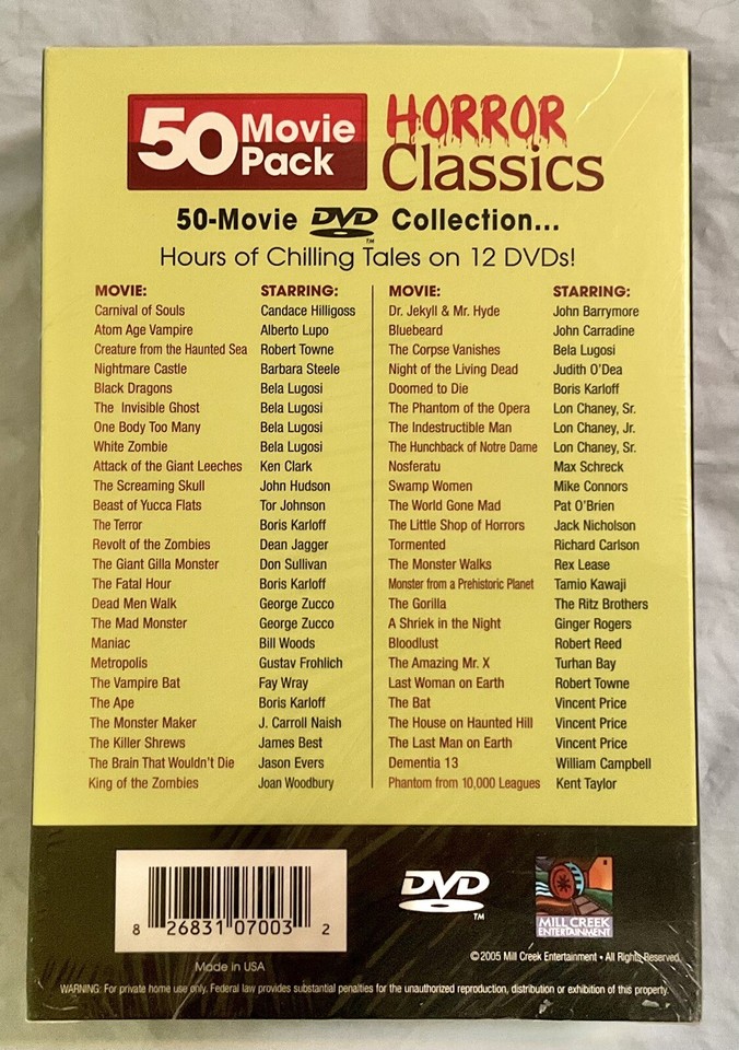 Horror Classics 50 Movie Pack-DVD-2003 12-Disc Set - UNOPENED | eBay