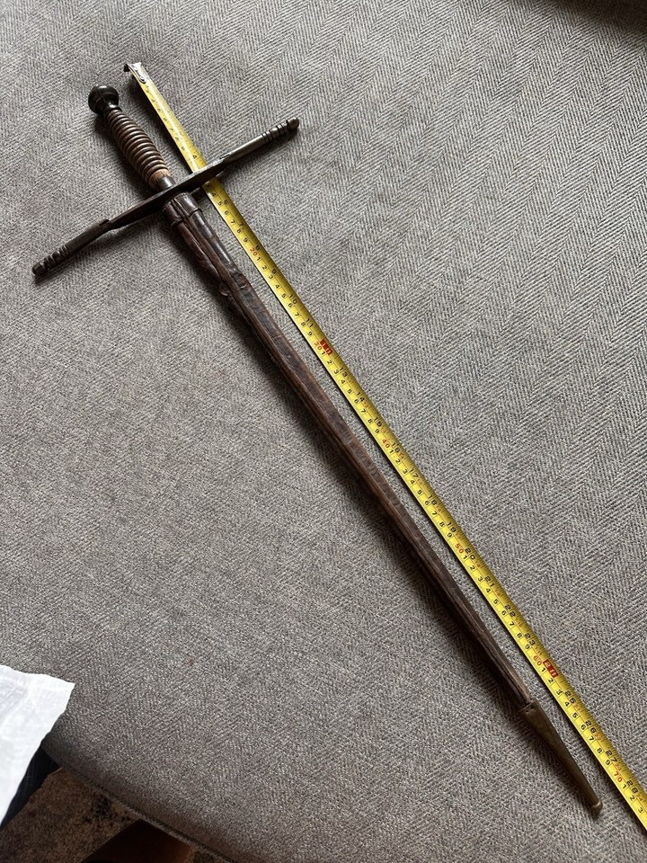 Antique Sword - Wood Handle - Triangular Blade - Leather Scabbard US ...