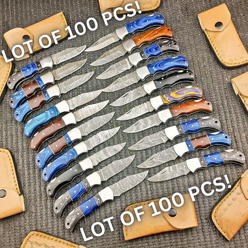 LOT OF 100 PCS! CUSTOM HANDMADE Premium Damascus Pocket Folding Knife ...