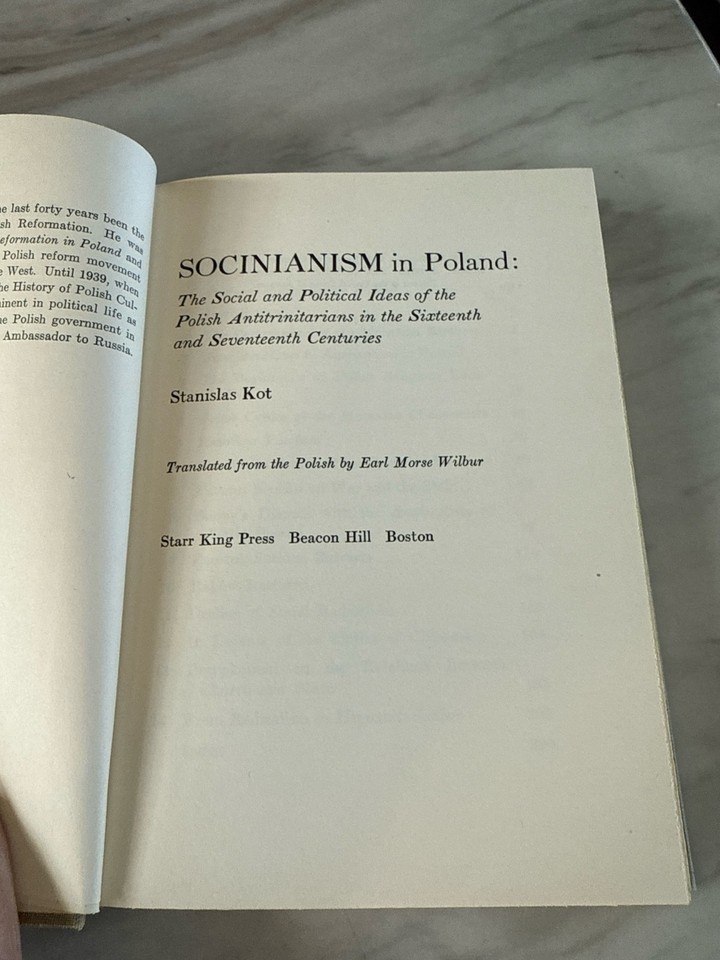 SOCINIANISM IN POLAND HC Stanislas Kot Historical Theology Starr King ...