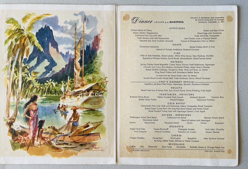 Matson Lines Cruise - Dinner Menu - December 19, 1963- S.S. Mariposa | eBay